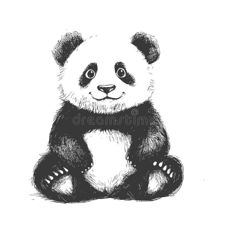 Adorable Hand-Drawn Panda Bear Cub Sitting, Sketch Illustration Stock ...