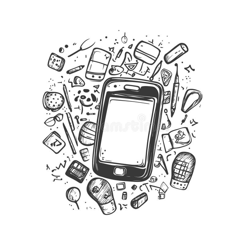 Smartphone Surrounded by Various Hand-drawn Objects and Items. Stock ...