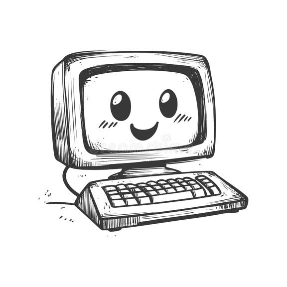 Happy Retro Computer Sketch: a Cheerful Illustration of a Vintage ...