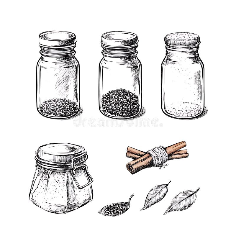 Hand-drawn Illustration of Spice Jars, Cinnamon Sticks, and Bay Leaves ...