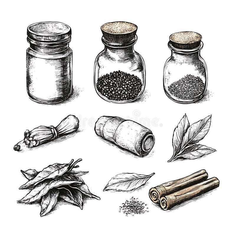 Hand-drawn Illustration of Spices in Jars and Loose Stock Illustration ...
