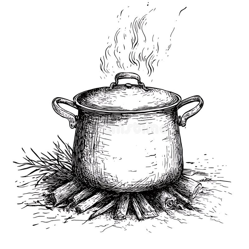 Hand-drawn Illustration of a Steaming Pot Over a Campfire Stock ...