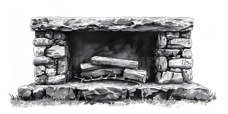 Hand-drawn Illustration of a Stone Fireplace in Black and White Ink ...
