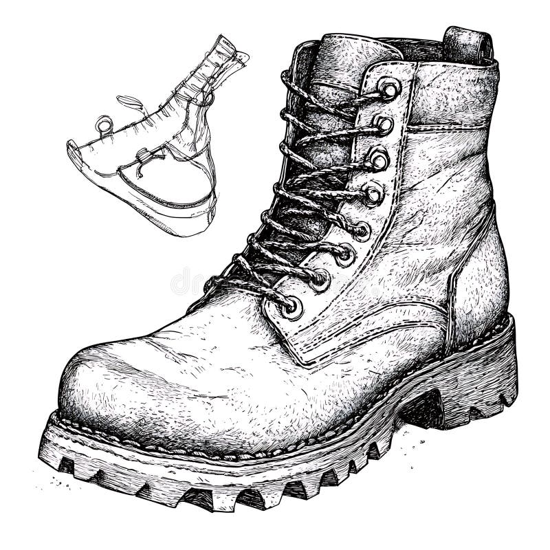 Hand-drawn Illustration of a Sturdy Lace-up Boot with a Thick Sole and ...