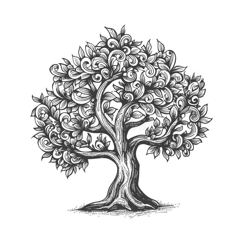 Ornate Hand Drawn Tree, Detailed Floral Design, Vintage Style ...