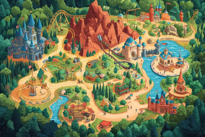 A Hand-drawn Illustration of a Theme Park Showcasing Roller Coasters ...