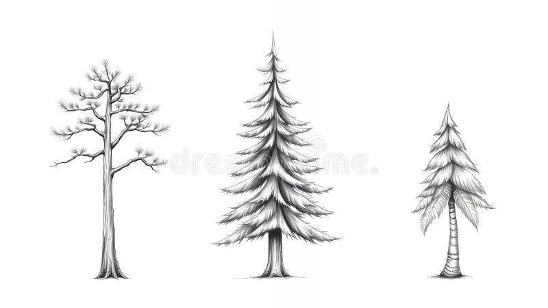 Handdrawn Illustration of Three Different Pine Trees Stock Illustration ...