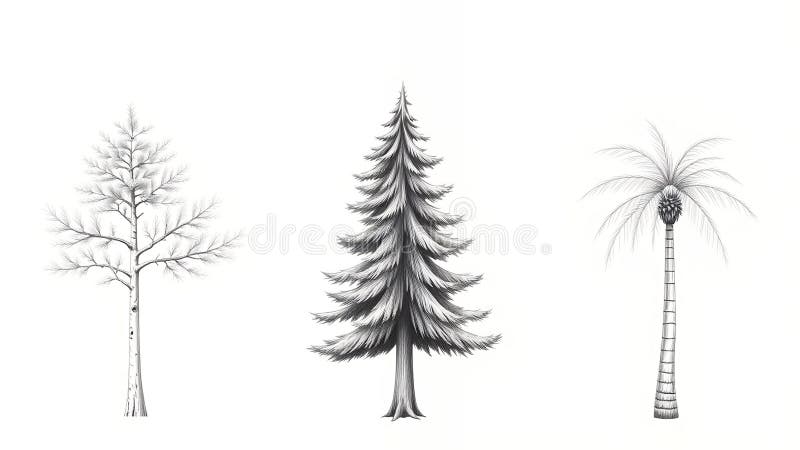 A Handdrawn Illustration of Three Different Trees Stock Illustration ...