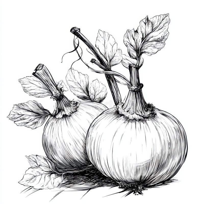 Hand-drawn Illustration of Two Onions with Leafy Stems Stock ... Hand-drawn Illustration of Two Onions with Leafy Stems Stock ...