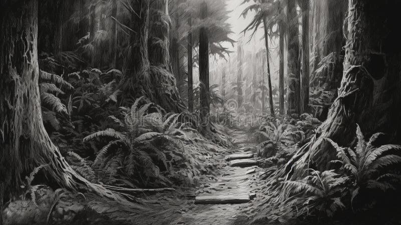 Hand Drawn Illustration Using Pencil Medium of a Forest with a Small ...