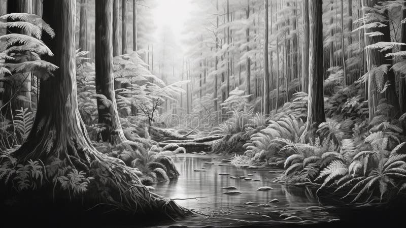 Hand Drawn Illustration Using Pencil Medium of a Forest with a Small ...