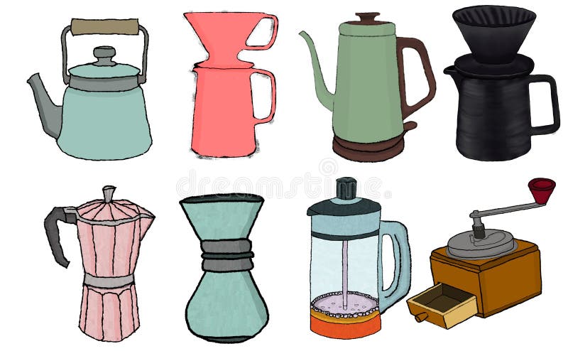 Hand-Drawn Illustration of Various Coffee Brewing Tools and Equipment ...