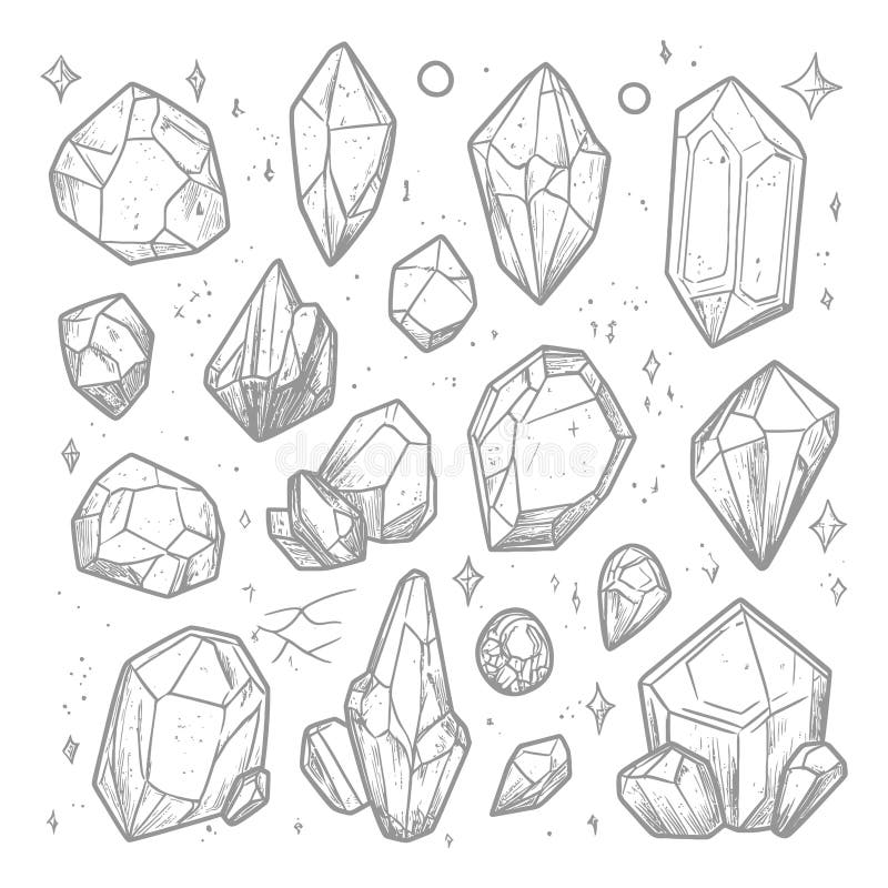 Collection of Hand-Drawn Crystals and Geometric Stones, Mystical ...