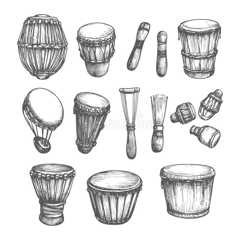Collection of Hand-Drawn Percussion Instruments: African Djembe, Conga ...