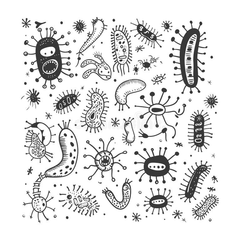 Collection of Cute Hand-Drawn Microbes, Bacteria, and Viruses Stock ...
