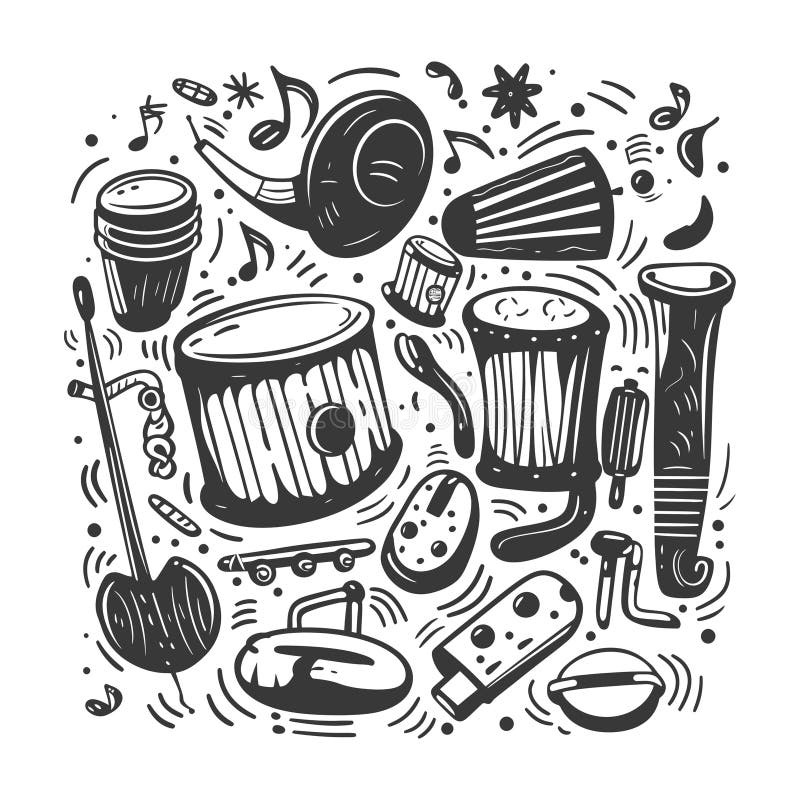 Vibrant Hand-Drawn Collection of Musical Percussion Instruments and ...