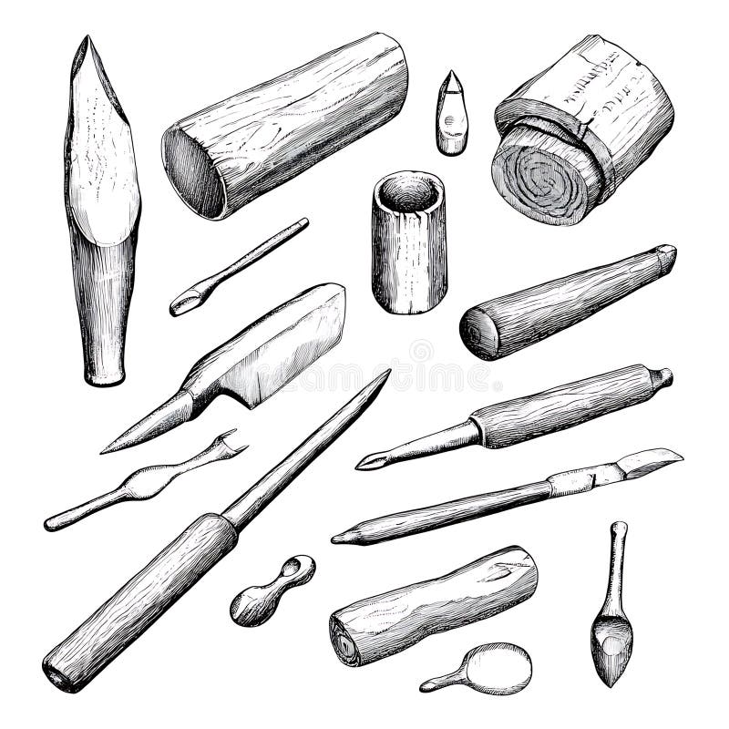 Hand-drawn Illustration of Various Primitive Woodworking Tools Stock ...
