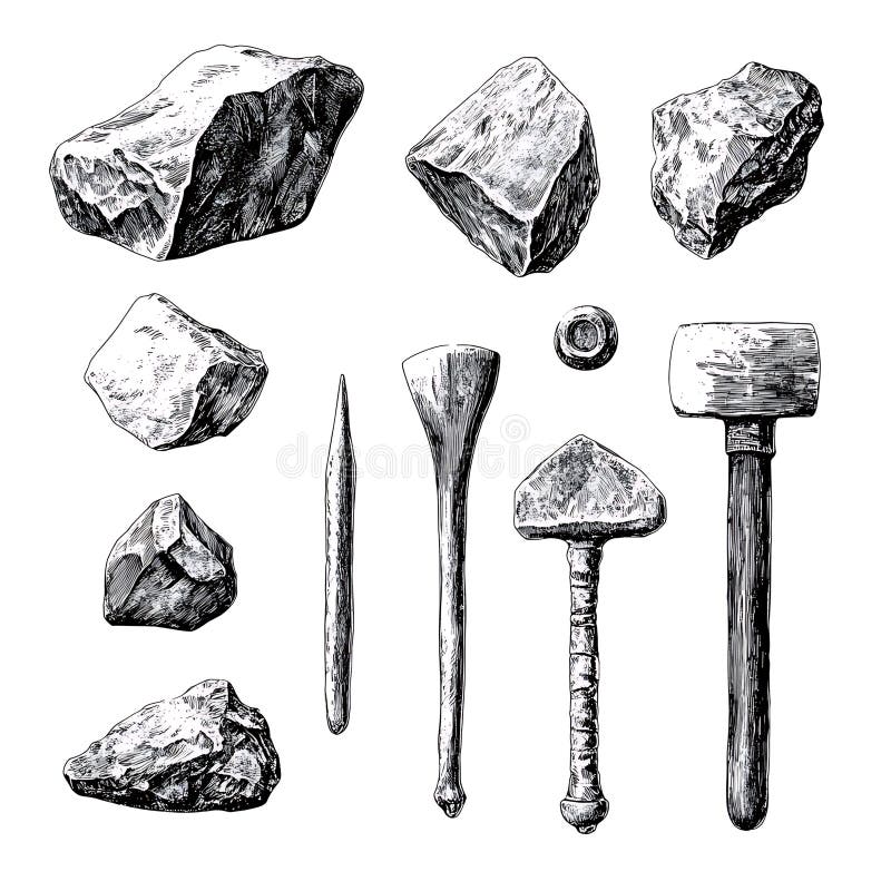 Hand-drawn Illustration of Various Stones and Primitive Tools Stock ...