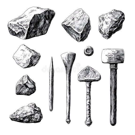 Hand-drawn Illustration of Various Stones and Primitive Tools Stock ...