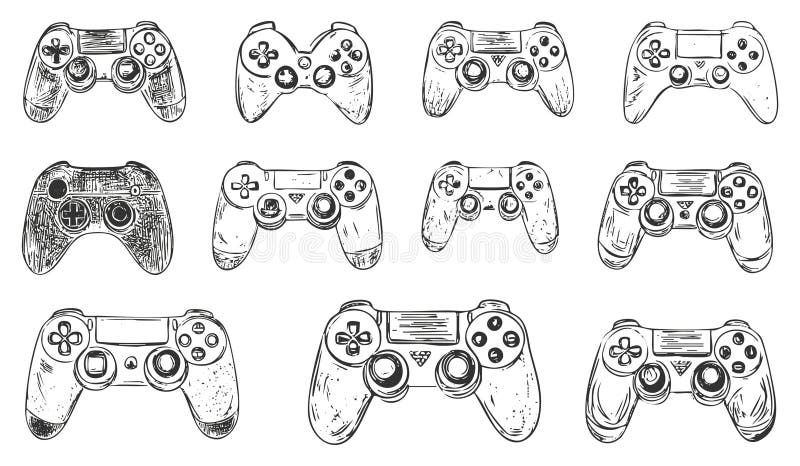 Hand-drawn Illustration of Various Video Game Controllers in Black and ...