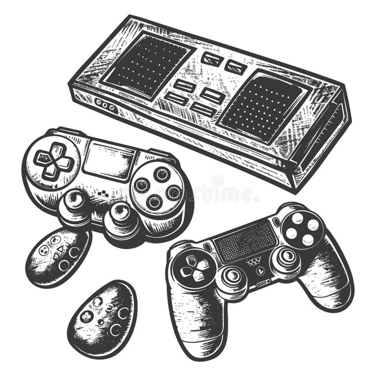 Retro Game Console and Controllers: Hand-Drawn Illustration Stock ...