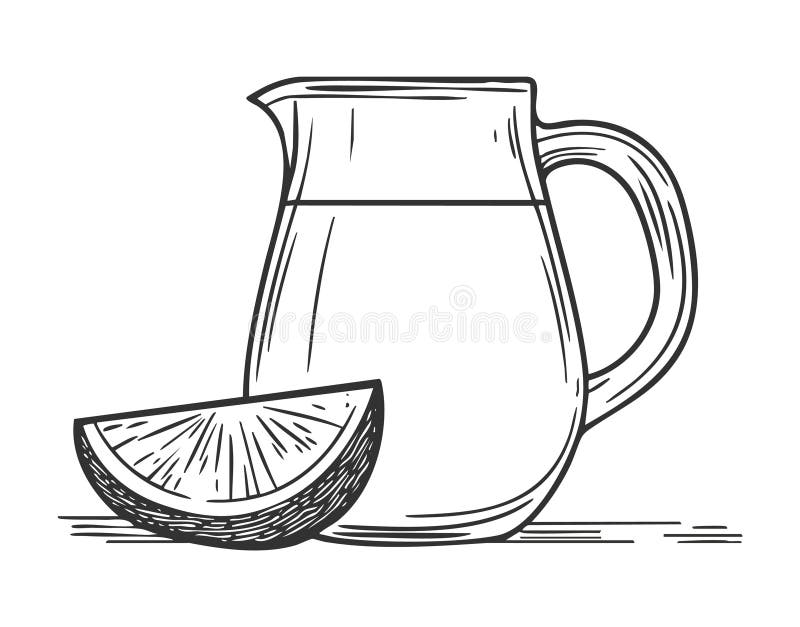 Hand-drawn Illustration of a Water Jug with a Lemon Slice. Stock ...