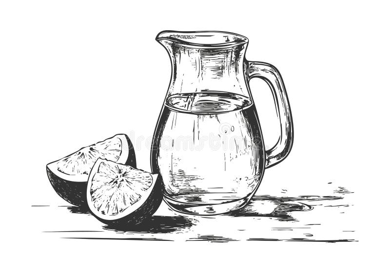 Hand-drawn Illustration of a Water Jug with Lemon Slices. Stock ...