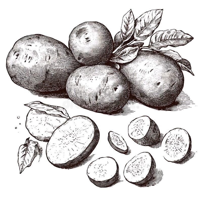 Hand-drawn Illustration of Whole and Sliced Potatoes with Leaves Ink ...