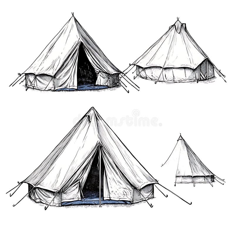 Hand-drawn Illustrations of Camping Tents, Various Sizes and Angles ...