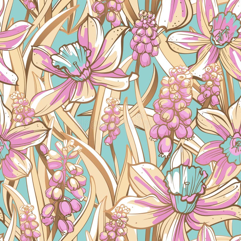 Seamless Pattern with Muscari and Daffodil. Spring Flowers, Isolated on ...