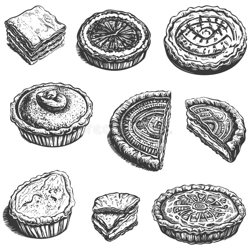 Delicious Sweet Pastry Assortment: Hand-Drawn Pies and Tarts Stock ...