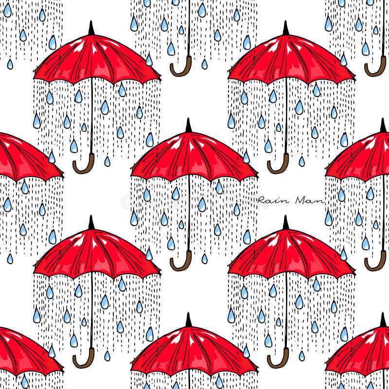 Hand-drawn Illustrations. Rain Under a Red Umbrella. Postcard Rain Man ...