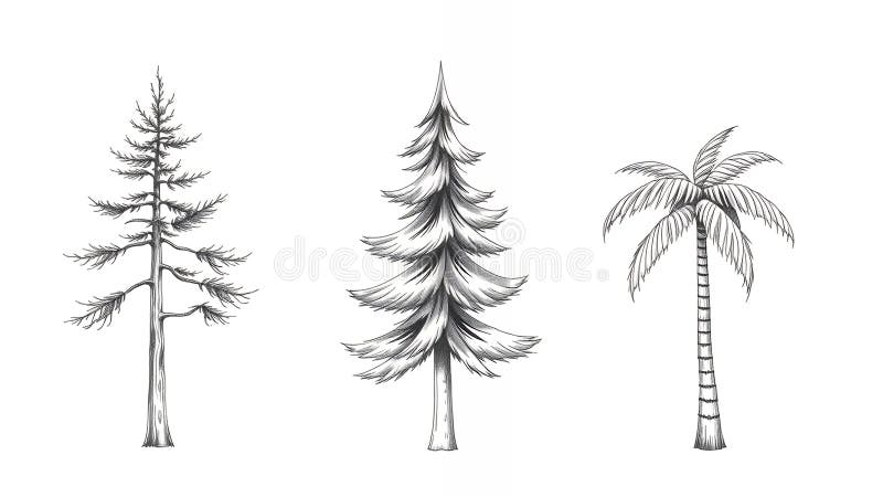 Handdrawn Illustrations of Three Different Types of Trees Stock ...
