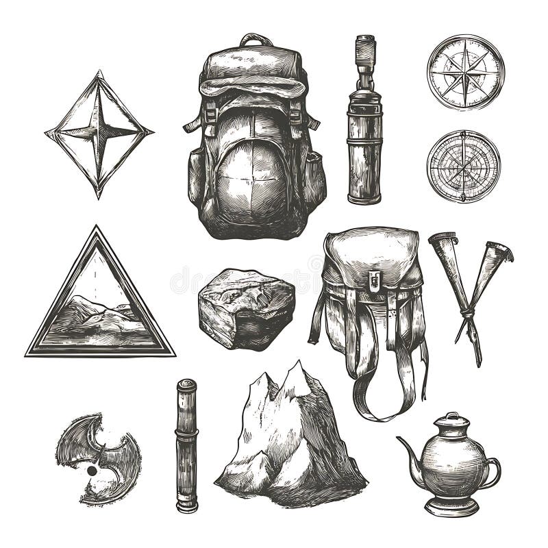 Hand-drawn Illustrations of Travel and Adventure Equipment Stock ...
