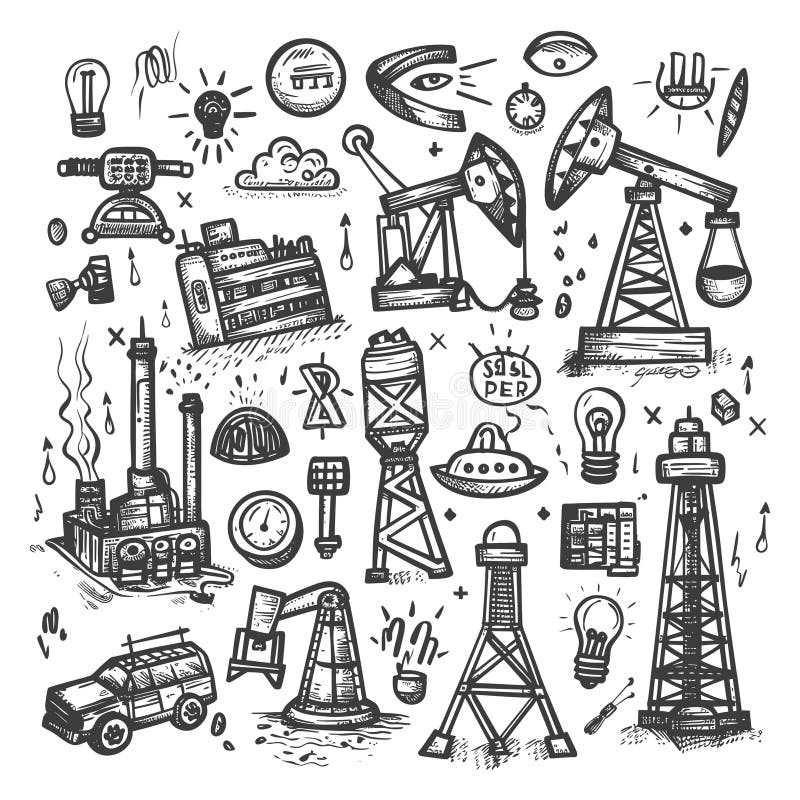 Hand-Drawn Industrial and Energy Icons: Oil Rigs, Factories, and Light ...