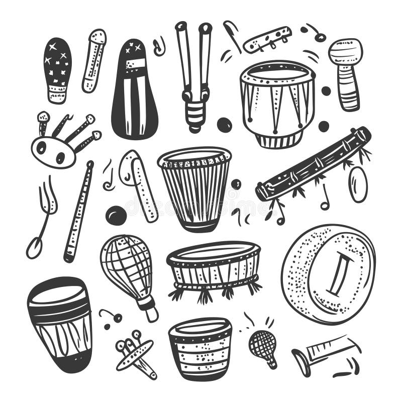 Collection of Hand-Drawn Percussion Instruments: Drums, Shakers, and ...