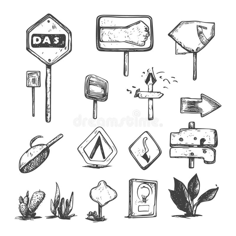 Collection of Hand-Drawn Road Signs and Plants Illustrations Stock ...