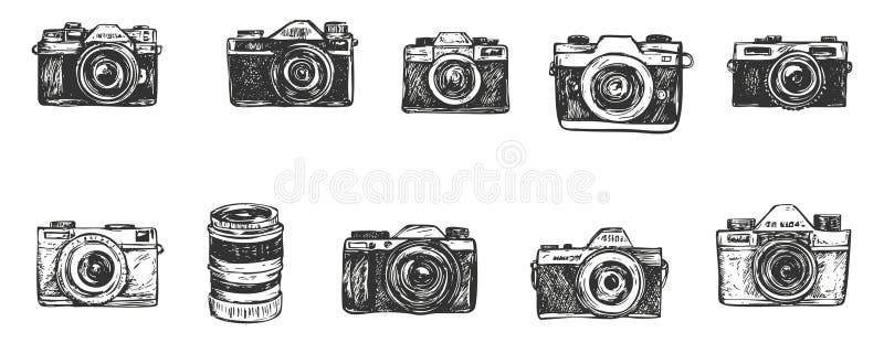 Hand-drawn Illustrations of Vintage Cameras and Lens in Black and White ...