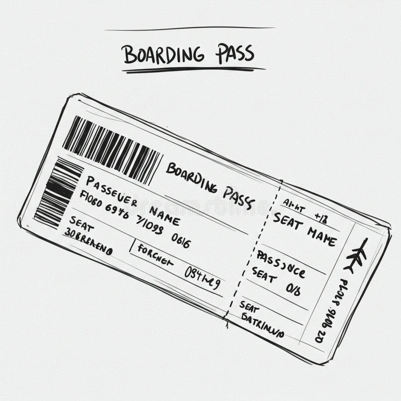 Hand-drawn Image of a Generic Airline Boarding Pass. Features Include a ...