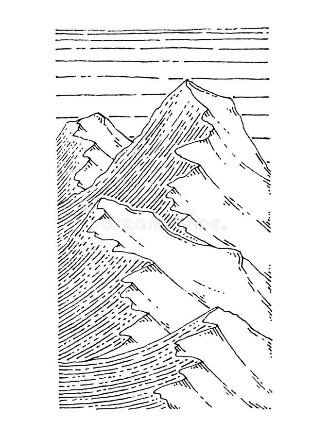 Hand Drawn Image of a Mountain Peak, Engraving Style, Grunge Textured ...