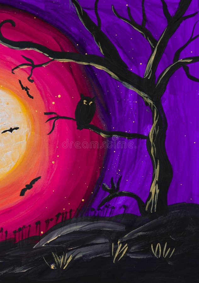 Hand Drawn Image with an Owl Seating on Black Tree at Halloween Night ...