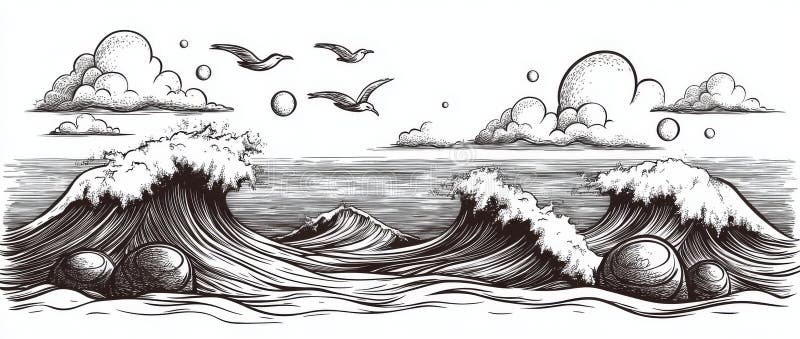 Hand Drawn Image of Stylized Sea Motif with Doodles, Dashed Lines, and ...