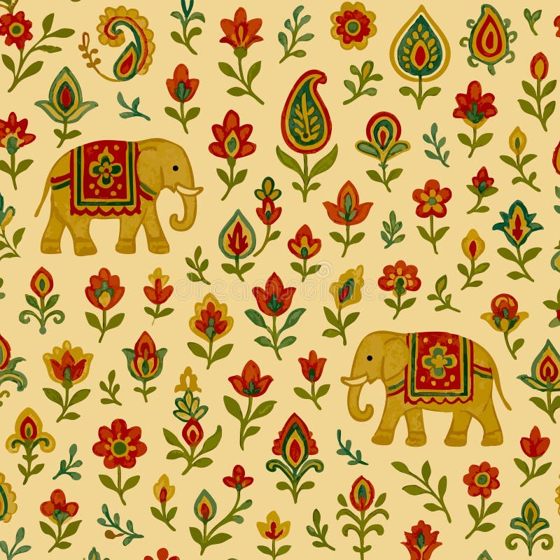 Hand Drawn Indian Elephant Print Design in Vector Stock Vector - Illustration of damask, design ...
