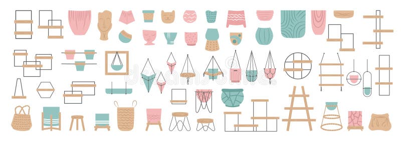 Hand Drawn Indoor House Pots and Shelves Decor Collection Stock ...