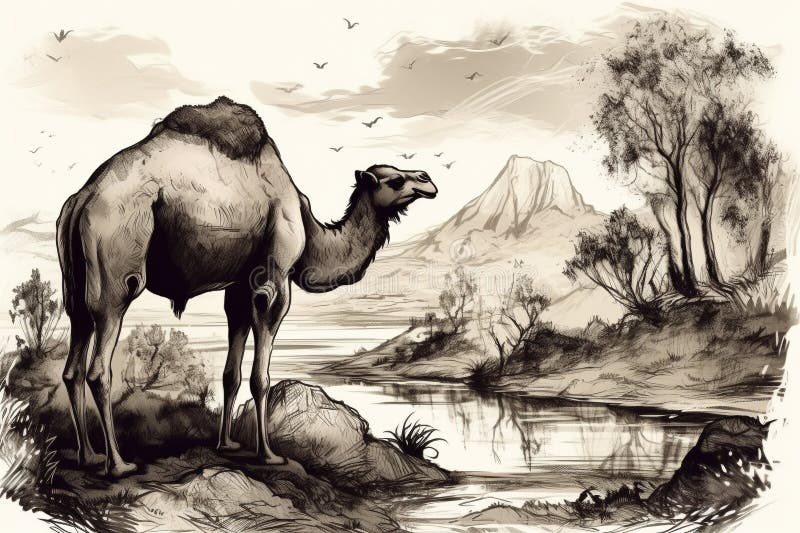 Hand Drawn Ink Illustration of a Camel in Its Natural Habitat ...