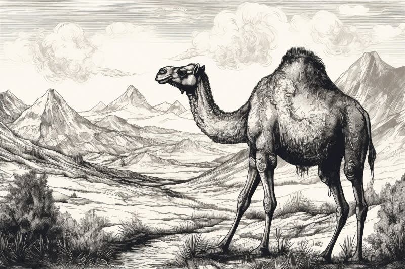 Hand Drawn Ink Illustration of a Camel in Its Natural Habitat ...