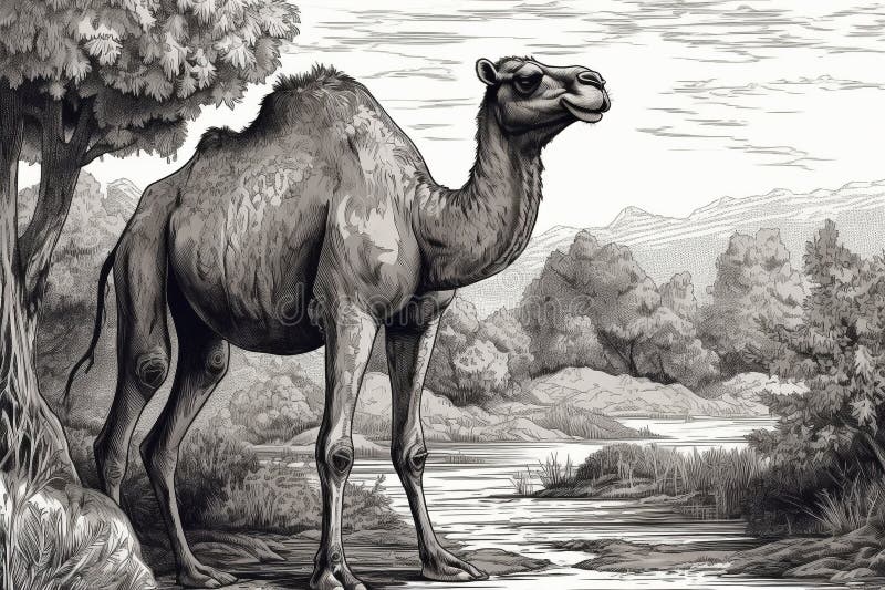 Hand Drawn Ink Illustration of a Camel in Its Natural Habitat ...