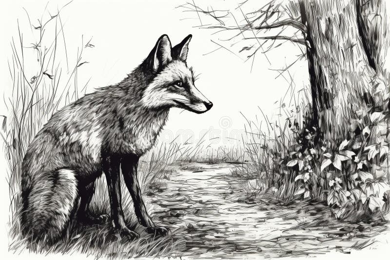 Hand Drawn Ink Illustration of a Fox in Its Natural Habitat. Generative ...