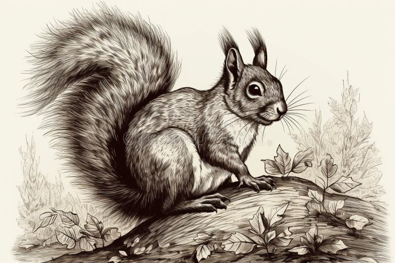 Hand Drawn Ink Illustration of a Squirrel in Its Natural Habitat ...