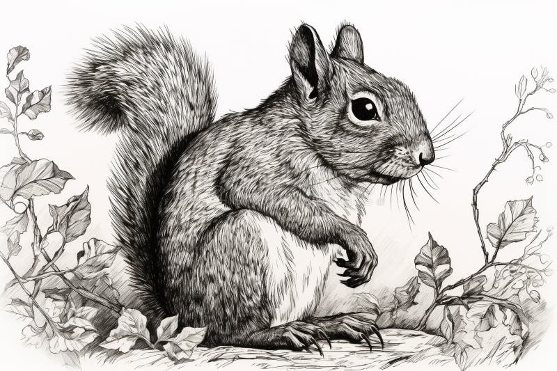 Hand Drawn Ink Illustration of a Squirrel in Its Natural Habitat ...
